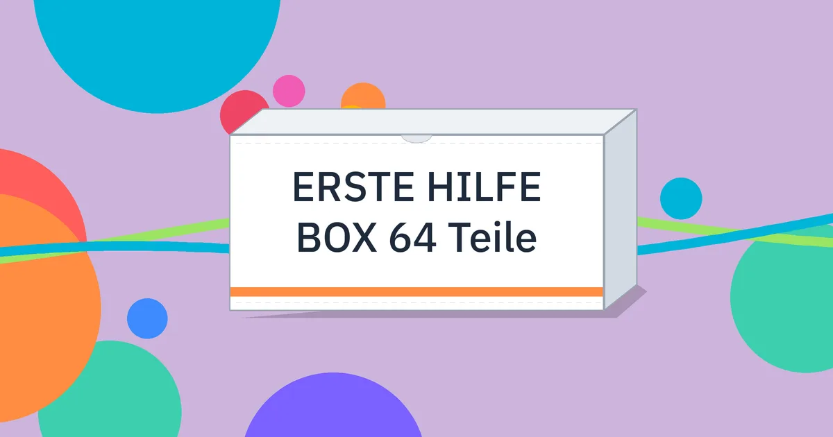 Symbolbild: Packung mit der Aufschrift ERSTE HILFE BOX 64 Teile (PZN 15249283) – Verfügbarkeit und Bezug in Apotheken in Frankfurt am Main