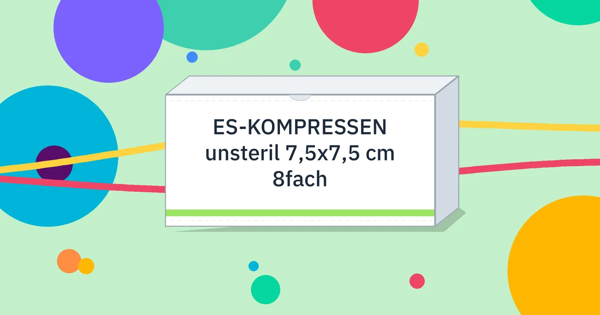 Symbolbild: Packung mit der Aufschrift ES-KOMPRESSEN unsteril 7,5x7,5 cm 8fach (PZN 11313759) – Verfügbarkeit und Bezug in Apotheken in Frankfurt am Main