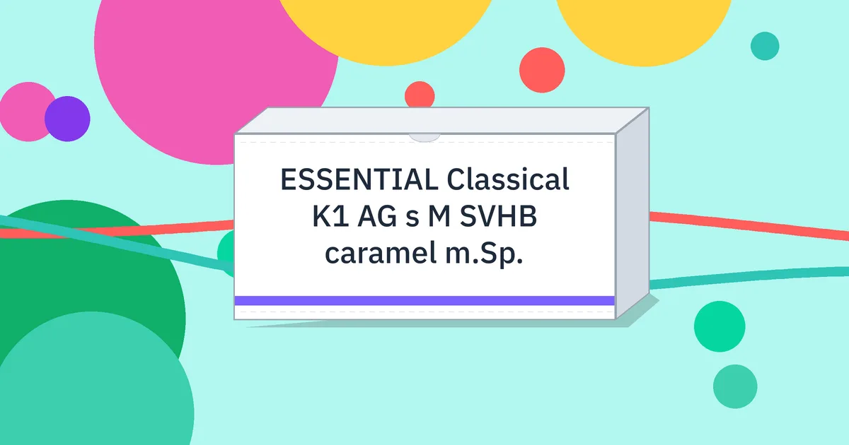 Symbolbild: Packung mit der Aufschrift ESSENTIAL Classical K1 AG s M SVHB caramel m.Sp. (PZN 18420659) – Verfügbarkeit und Bezug in Apotheken in Frankfurt am Main