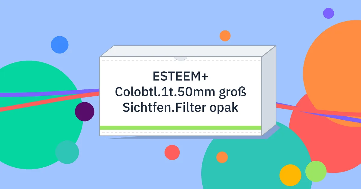 Symbolbild: Packung mit der Aufschrift ESTEEM+ Colobtl.1t.50mm groß Sichtfen.Filter opak (PZN 13233160) – Verfügbarkeit und Bezug in Apotheken in Frankfurt am Main