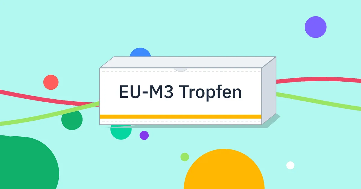 Symbolbild: Packung mit der Aufschrift EU-M3 Tropfen (PZN 11563657) – Verfügbarkeit und Bezug in Apotheken in Frankfurt am Main