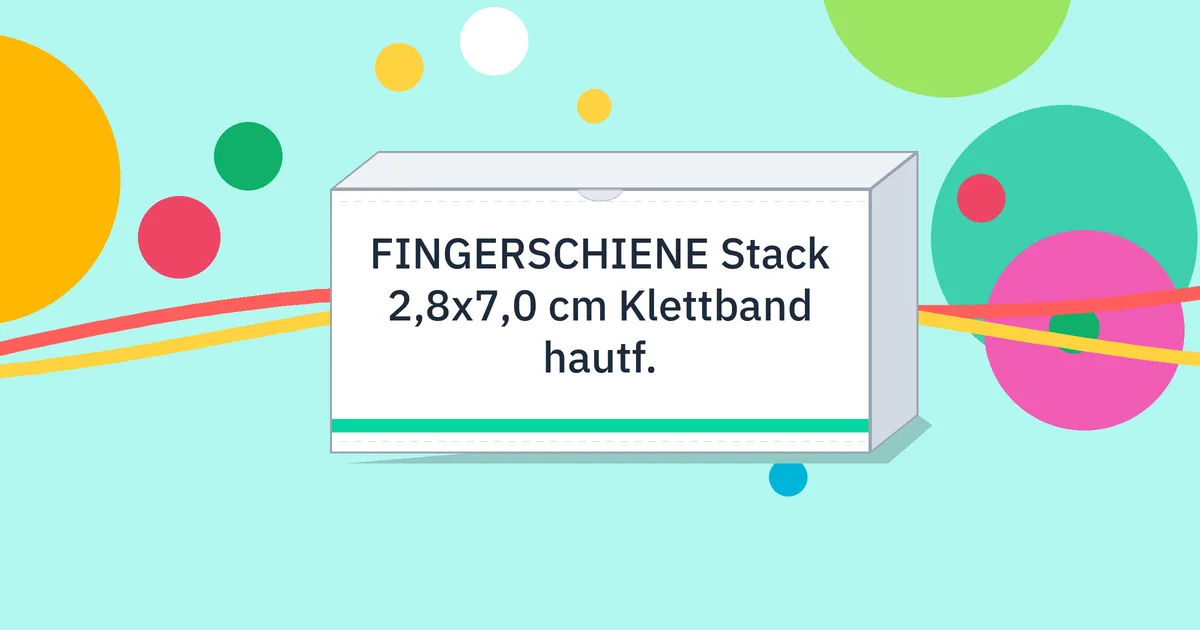 Symbolbild: Packung mit der Aufschrift FINGERSCHIENE Stack 2,8x7,0 cm Klettband hautf. (PZN 12423214) – Verfügbarkeit und Bezug in Apotheken in Frankfurt am Main