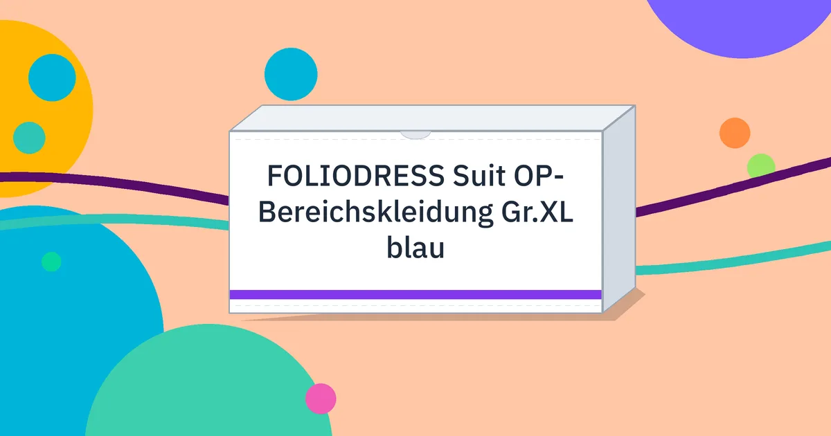 Symbolbild: Packung mit der Aufschrift FOLIODRESS Suit OP-Bereichskleidung Gr.XL blau (PZN 00074665) – Verfügbarkeit und Bezug in Apotheken in Frankfurt am Main
