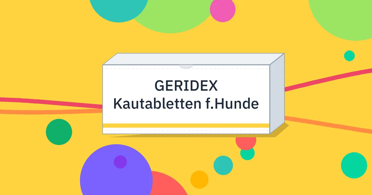 Symbolbild: Packung mit der Aufschrift GERIDEX Kautabletten f.Hunde (PZN 17834904) – Verfügbarkeit und Bezug in Apotheken in Frankfurt am Main