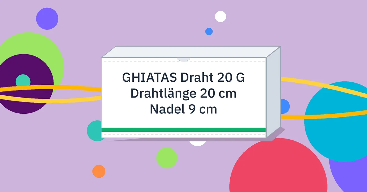 Symbolbild: Packung mit der Aufschrift GHIATAS Draht 20 G Drahtlänge 20 cm Nadel 9 cm (PZN 03566156) – Verfügbarkeit und Bezug in Apotheken in Frankfurt am Main