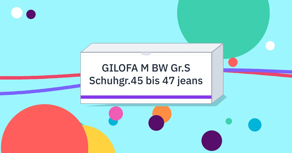 Symbolbild: Packung mit der Aufschrift GILOFA M BW Gr.S Schuhgr.45 bis 47 jeans (PZN 16724473) – Verfügbarkeit und Bezug in Apotheken in Frankfurt am Main