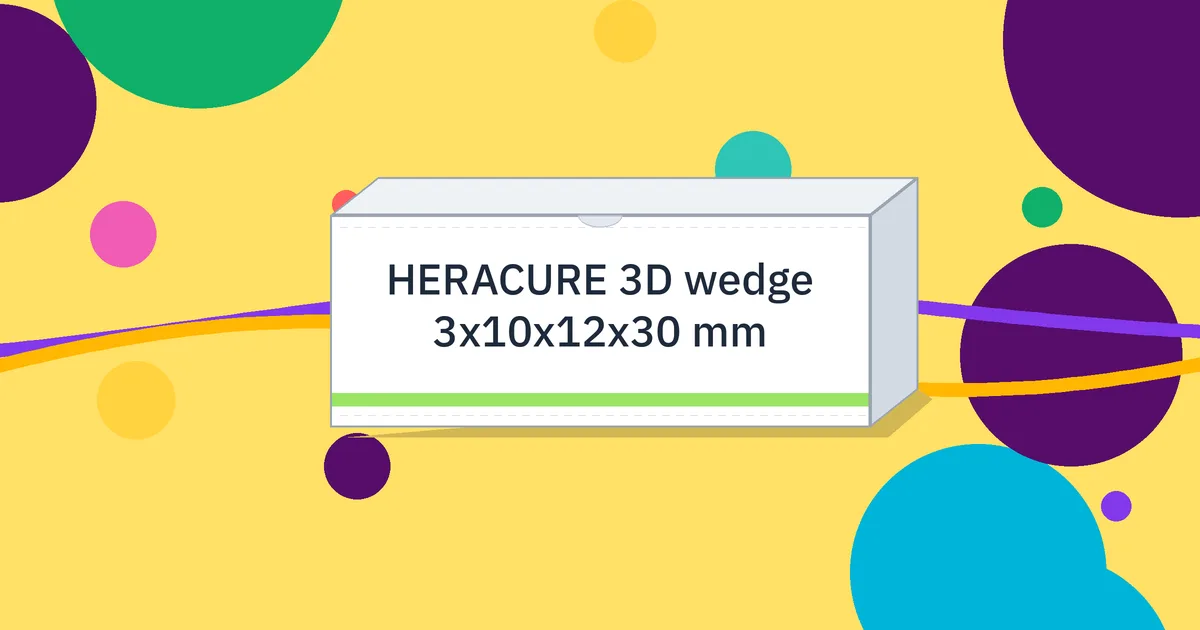 Symbolbild: Packung mit der Aufschrift HERACURE 3D wedge 3x10x12x30 mm (PZN 20621891) – Verfügbarkeit und Bezug in Apotheken in Frankfurt am Main