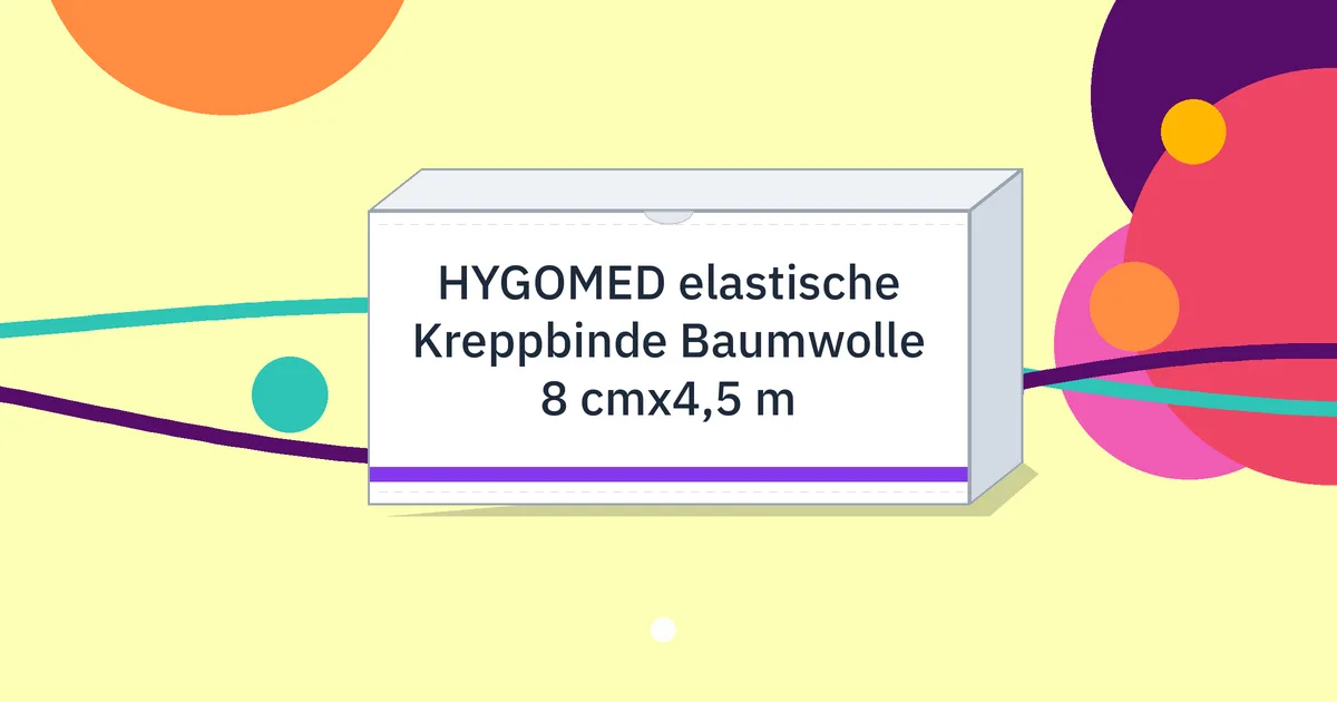 Symbolbild: Packung mit der Aufschrift HYGOMED elastische Kreppbinde Baumwolle 8 cmx4,5 m (PZN 20934851) – Verfügbarkeit und Bezug in Apotheken in Frankfurt am Main