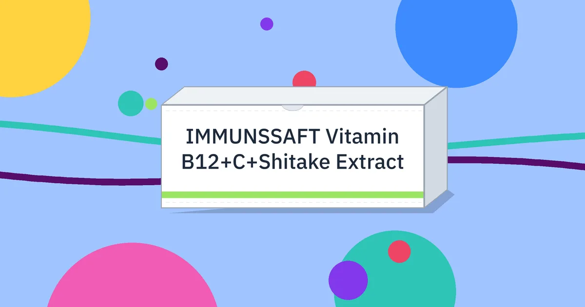 Symbolbild: Packung mit der Aufschrift IMMUNSSAFT Vitamin B12+C+Shitake Extract (PZN 18910984) – Verfügbarkeit und Bezug in Apotheken in Frankfurt am Main
