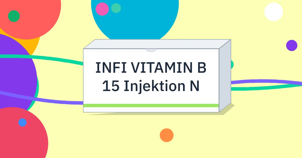 Symbolbild: Packung mit der Aufschrift INFI VITAMIN B 15 Injektion N (PZN 05702296) – Verfügbarkeit und Bezug in Apotheken in Frankfurt am Main