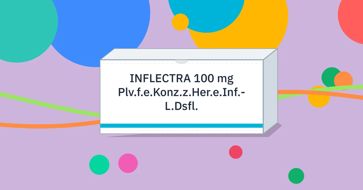 Symbolbild: Packung mit der Aufschrift INFLECTRA 100 mg Plv.f.e.Konz.z.Her.e.Inf.-L.Dsfl. (PZN 12389084) – Verfügbarkeit und Bezug in Apotheken in Frankfurt am Main