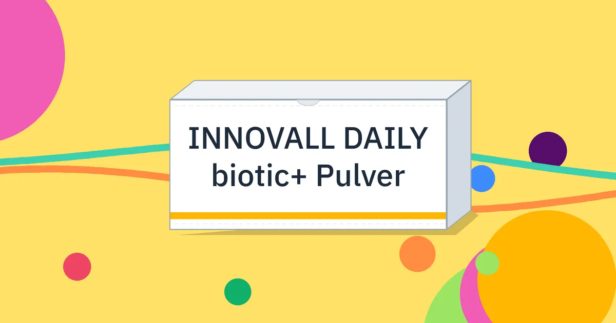 Symbolbild: Packung mit der Aufschrift INNOVALL DAILY biotic+ Pulver (PZN 19774454) – Verfügbarkeit und Bezug in Apotheken in Frankfurt am Main