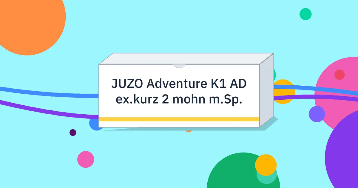 Symbolbild: Packung mit der Aufschrift JUZO Adventure K1 AD ex.kurz 2 mohn m.Sp. (PZN 14977460) – Verfügbarkeit und Bezug in Apotheken in Frankfurt am Main