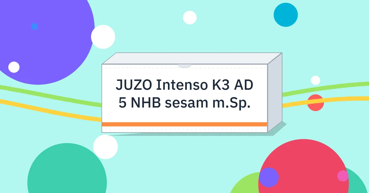 Symbolbild: Packung mit der Aufschrift JUZO Intenso K3 AD 5 NHB sesam m.Sp. (PZN 18630902) – Verfügbarkeit und Bezug in Apotheken in Frankfurt am Main