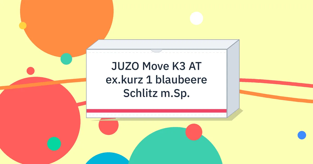 Symbolbild: Packung mit der Aufschrift JUZO Move K3 AT ex.kurz 1 blaubeere Schlitz m.Sp. (PZN 20681083) – Verfügbarkeit und Bezug in Apotheken in Frankfurt am Main