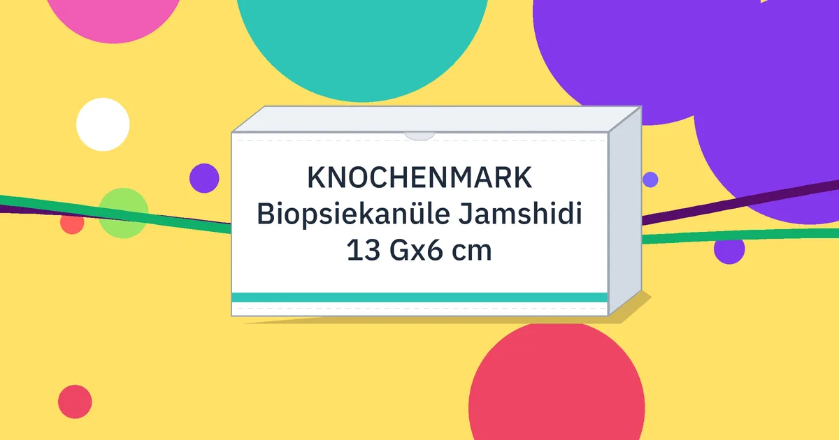 Symbolbild: Packung mit der Aufschrift KNOCHENMARK Biopsiekanüle Jamshidi 13 Gx6 cm (PZN 07099473) – Verfügbarkeit und Bezug in Apotheken in Frankfurt am Main