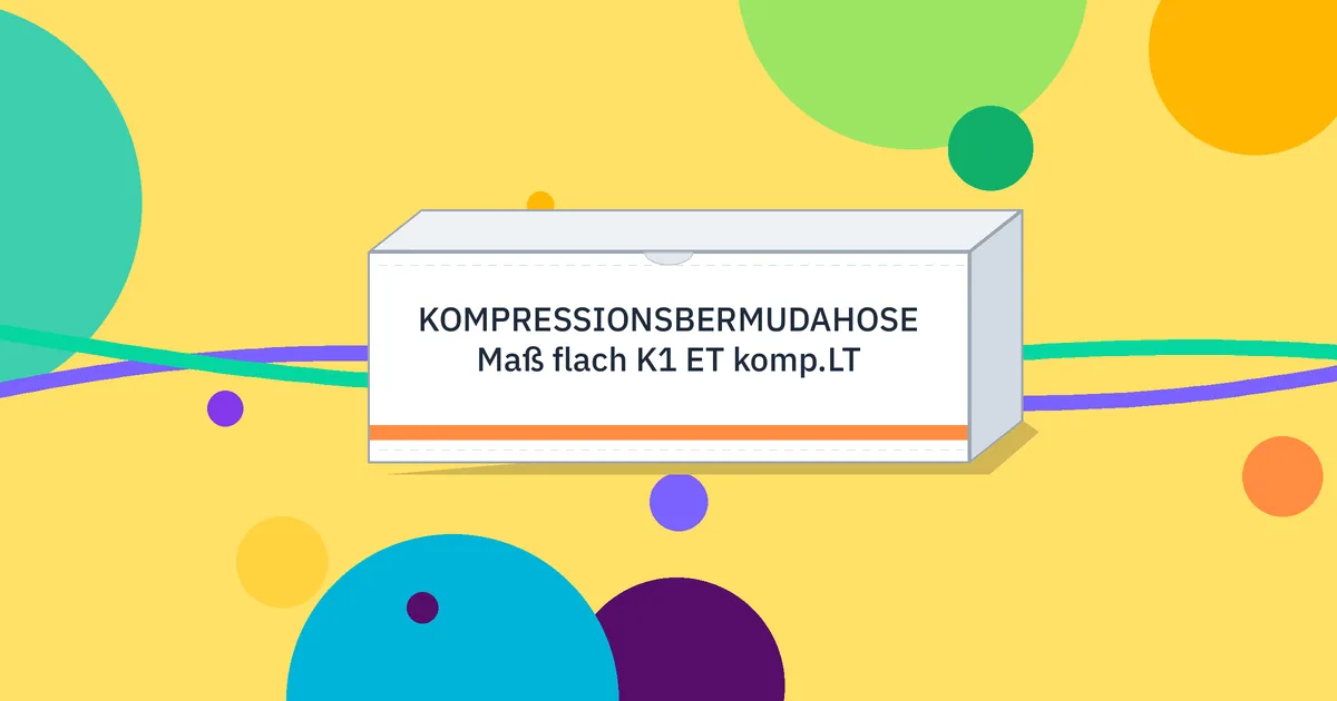 Symbolbild: Packung mit der Aufschrift KOMPRESSIONSBERMUDAHOSE Maß flach K1 ET komp.LT (PZN 19997935) – Verfügbarkeit und Bezug in Apotheken in Frankfurt am Main