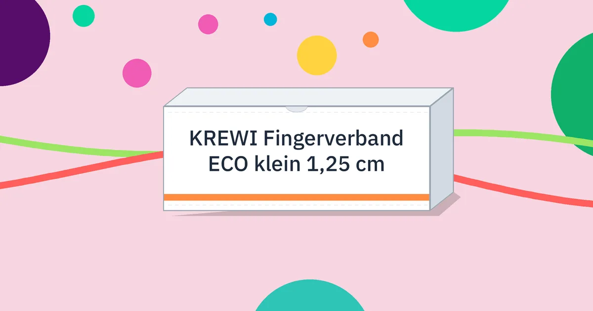Symbolbild: Packung mit der Aufschrift KREWI Fingerverband ECO klein 1,25 cm (PZN 18129740) – Verfügbarkeit und Bezug in Apotheken in Frankfurt am Main