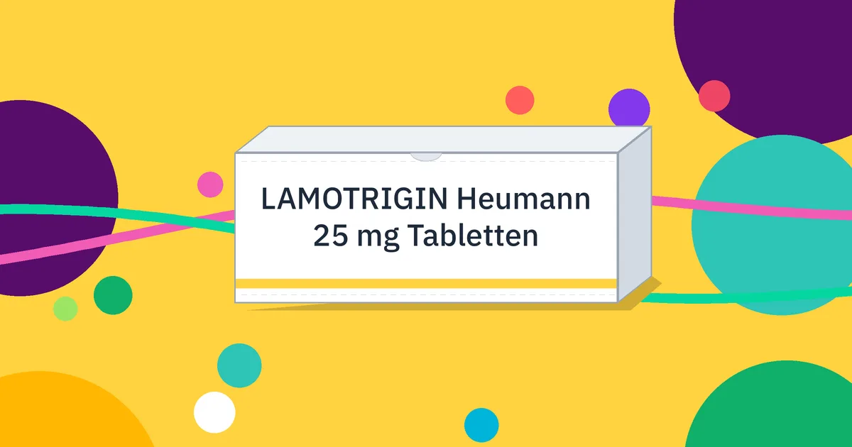 Symbolbild: Packung mit der Aufschrift LAMOTRIGIN Heumann 25 mg Tabletten (PZN 09687398) – Verfügbarkeit und Bezug in Apotheken in Frankfurt am Main