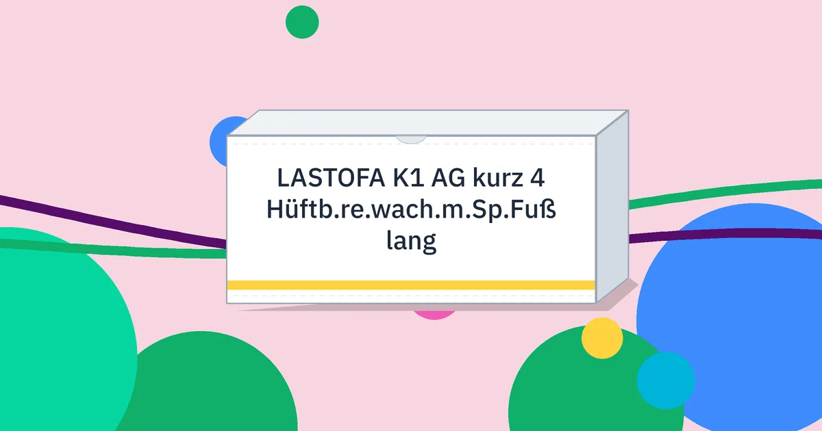 Symbolbild: Packung mit der Aufschrift LASTOFA K1 AG kurz 4 Hüftb.re.wach.m.Sp.Fuß lang (PZN 13798471) – Verfügbarkeit und Bezug in Apotheken in Frankfurt am Main