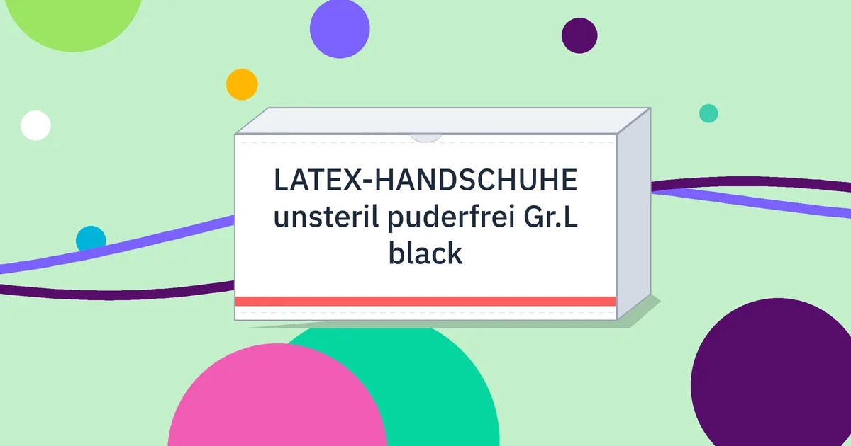 Symbolbild: Packung mit der Aufschrift LATEX-HANDSCHUHE unsteril puderfrei Gr.L black (PZN 01289132) – Verfügbarkeit und Bezug in Apotheken in Frankfurt am Main