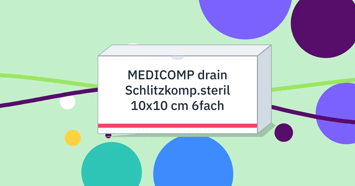 Symbolbild: Packung mit der Aufschrift MEDICOMP drain Schlitzkomp.steril 10x10 cm 6fach (PZN 16585505) – Verfügbarkeit und Bezug in Apotheken in Frankfurt am Main