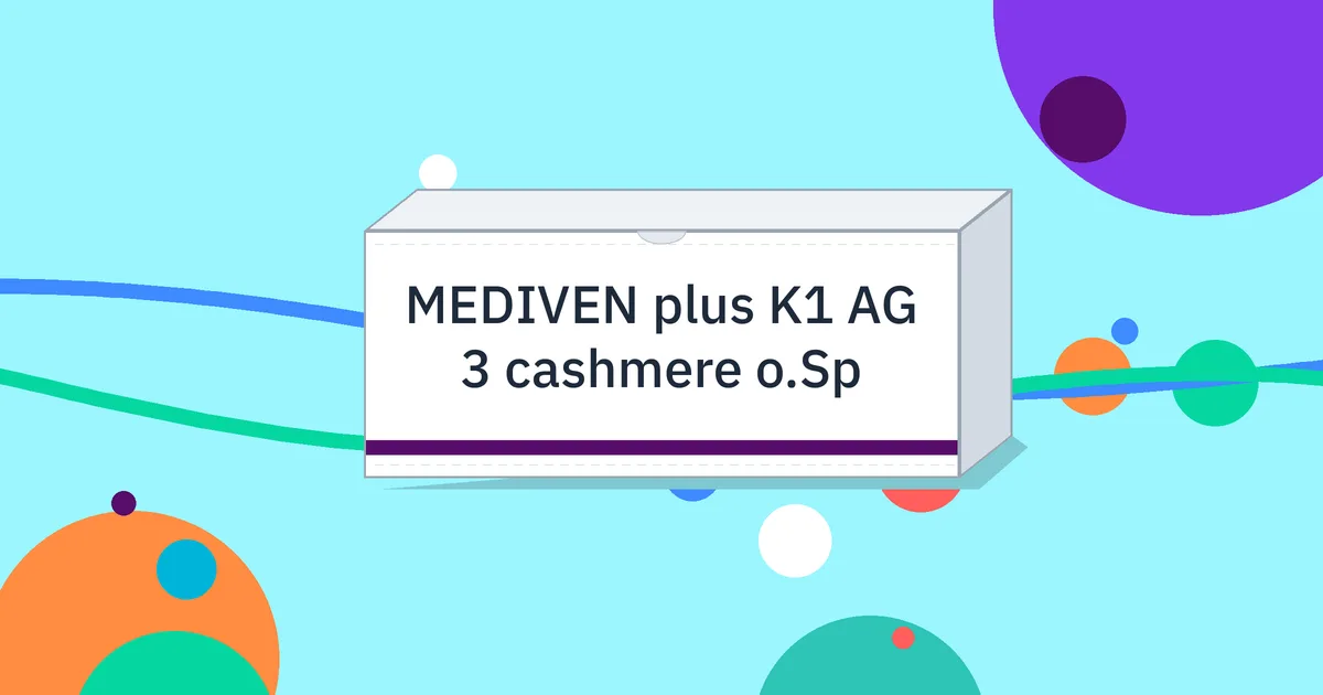 Symbolbild: Packung mit der Aufschrift MEDIVEN plus K1 AG 3 cashmere o.Sp (PZN 15055863) – Verfügbarkeit und Bezug in Apotheken in Frankfurt am Main