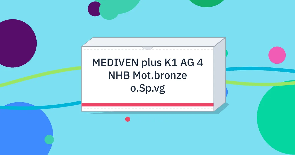 Symbolbild: Packung mit der Aufschrift MEDIVEN plus K1 AG 4 NHB Mot.bronze o.Sp.vg (PZN 15915892) – Verfügbarkeit und Bezug in Apotheken in Frankfurt am Main