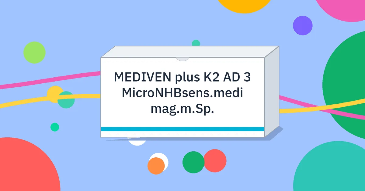 Symbolbild: Packung mit der Aufschrift MEDIVEN plus K2 AD 3 MicroNHBsens.medi mag.m.Sp. (PZN 15932838) – Verfügbarkeit und Bezug in Apotheken in Frankfurt am Main