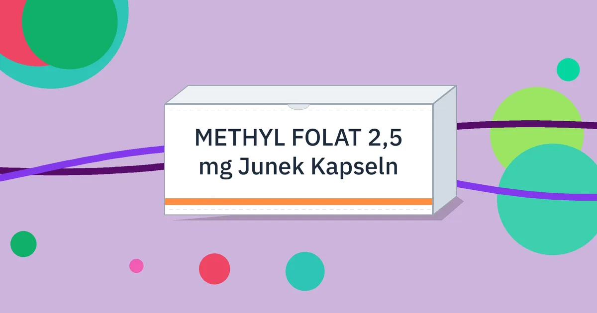 Symbolbild: Packung mit der Aufschrift METHYL FOLAT 2,5 mg Junek Kapseln (PZN 20051749) – Verfügbarkeit und Bezug in Apotheken in Frankfurt am Main