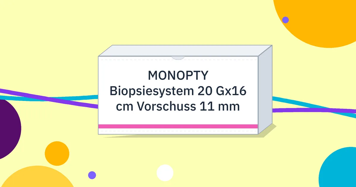 Symbolbild: Packung mit der Aufschrift MONOPTY Biopsiesystem 20 Gx16 cm Vorschuss 11 mm (PZN 03476418) – Verfügbarkeit und Bezug in Apotheken in Frankfurt am Main
