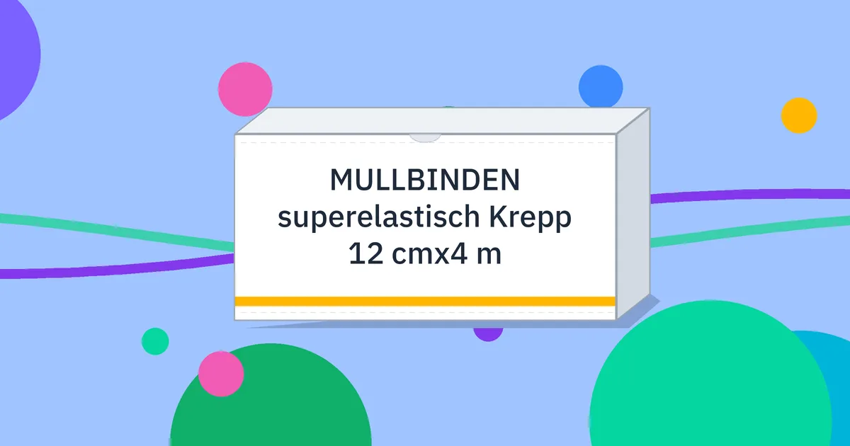 Symbolbild: Packung mit der Aufschrift MULLBINDEN superelastisch Krepp 12 cmx4 m (PZN 01653767) – Verfügbarkeit und Bezug in Apotheken in Frankfurt am Main