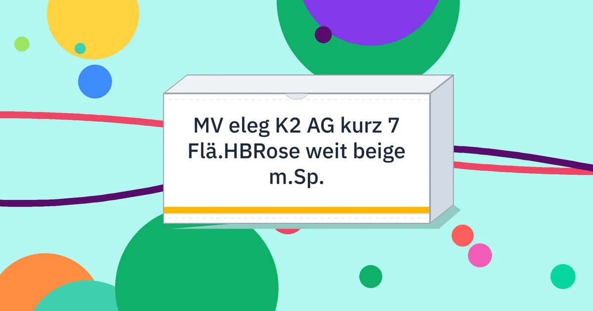 Symbolbild: Packung mit der Aufschrift MV eleg K2 AG kurz 7 Flä.HBRose weit beige m.Sp. (PZN 15706579) – Verfügbarkeit und Bezug in Apotheken in Frankfurt am Main