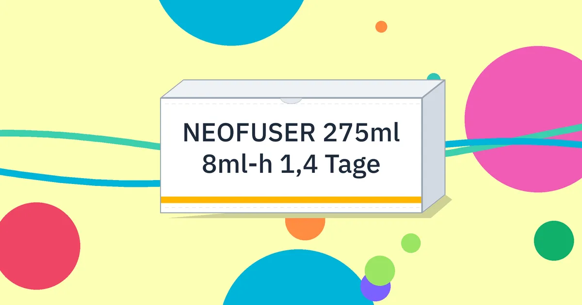 Symbolbild: Packung mit der Aufschrift NEOFUSER 275ml 8ml-h 1,4 Tage (PZN 16512239) – Verfügbarkeit und Bezug in Apotheken in Frankfurt am Main
