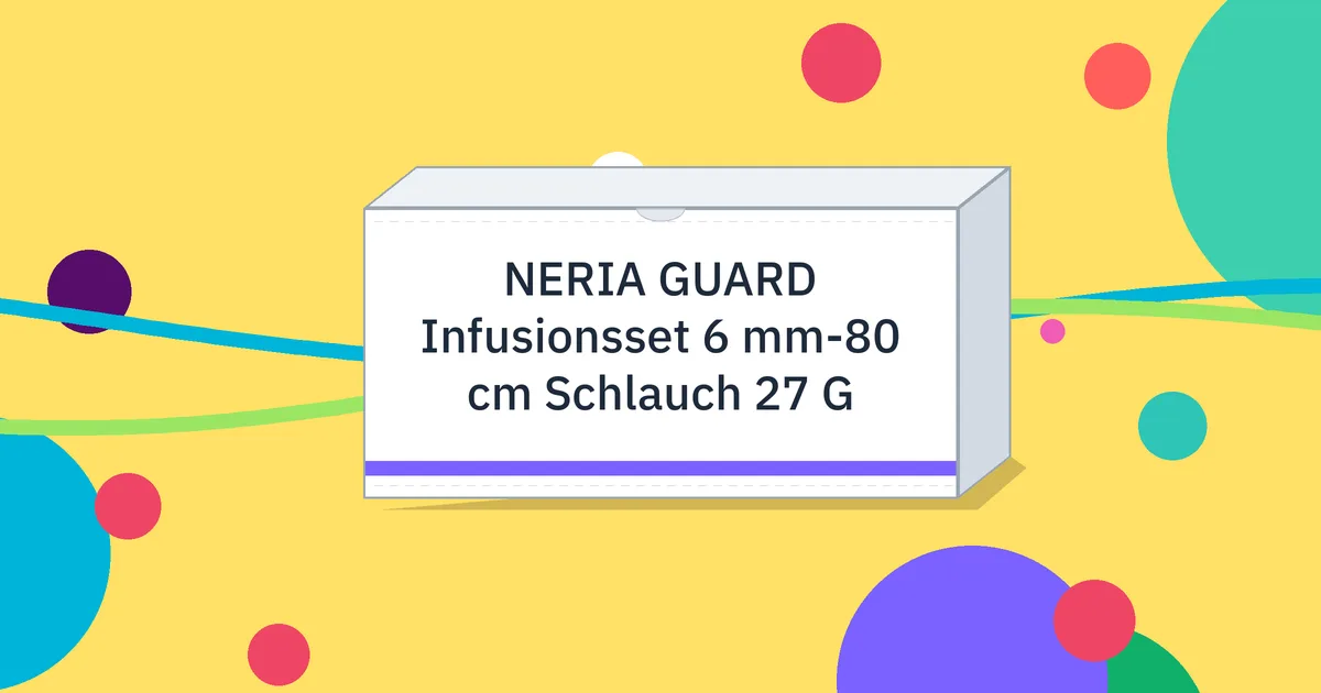 Symbolbild: Packung mit der Aufschrift NERIA GUARD Infusionsset 6 mm-80 cm Schlauch 27 G (PZN 17530268) – Verfügbarkeit und Bezug in Apotheken in Frankfurt am Main