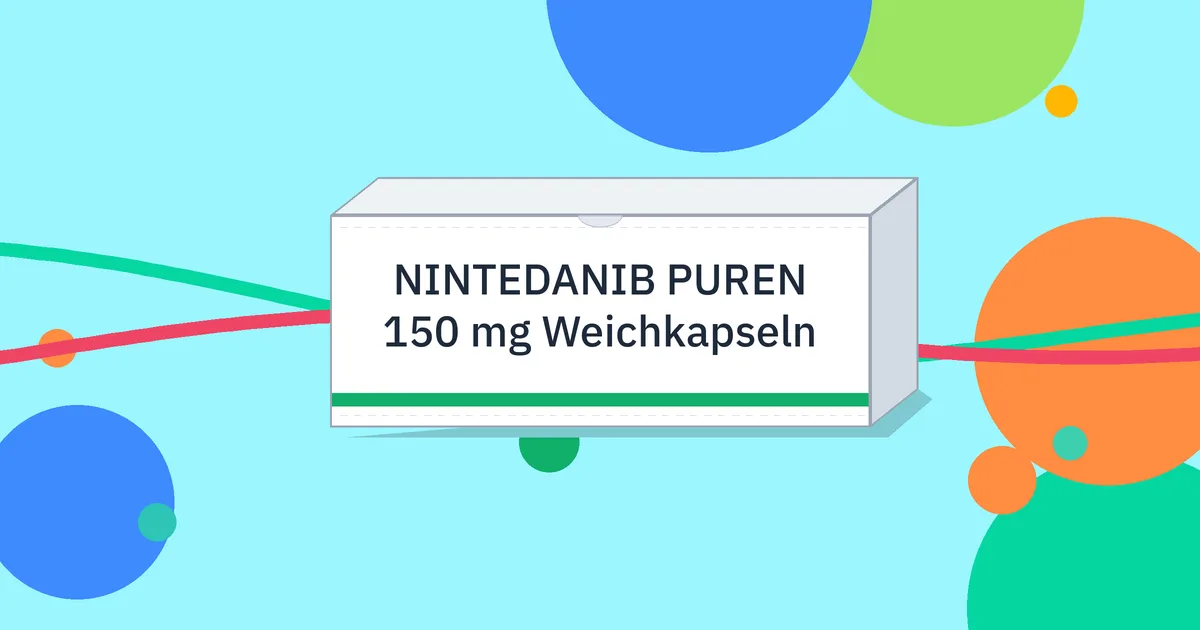 Symbolbild: Packung mit der Aufschrift NINTEDANIB PUREN 150 mg Weichkapseln (PZN 20043885) – Verfügbarkeit und Bezug in Apotheken in Frankfurt am Main