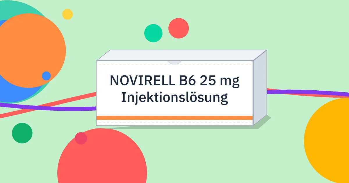 Symbolbild: Packung mit der Aufschrift NOVIRELL B6 25 mg Injektionslösung (PZN 11013649) – Verfügbarkeit und Bezug in Apotheken in Frankfurt am Main