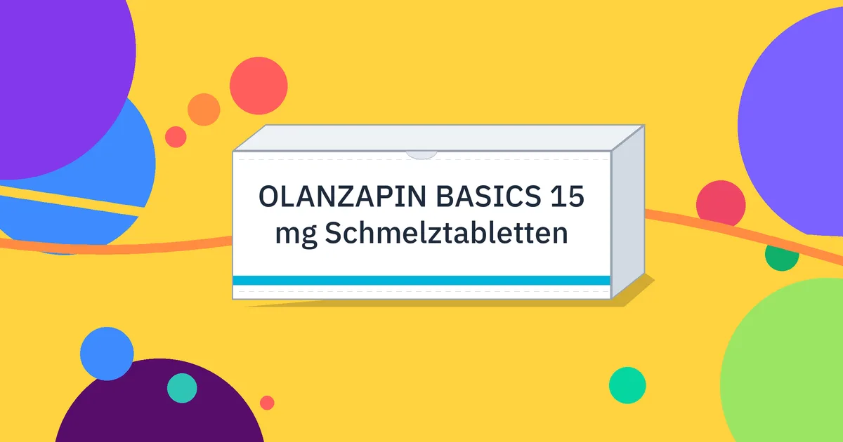 Symbolbild: Packung mit der Aufschrift OLANZAPIN BASICS 15 mg Schmelztabletten (PZN 08468056) – Verfügbarkeit und Bezug in Apotheken in Frankfurt am Main