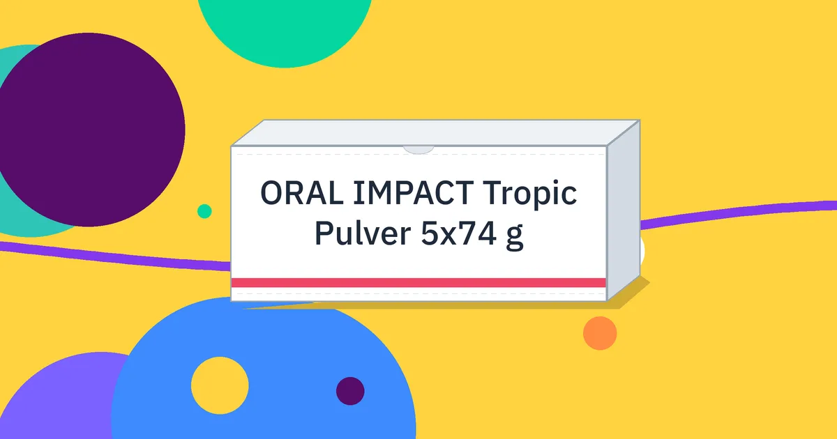 Symbolbild: Packung mit der Aufschrift ORAL IMPACT Tropic Pulver 5x74 g (PZN 02588960) – Verfügbarkeit und Bezug in Apotheken in Frankfurt am Main
