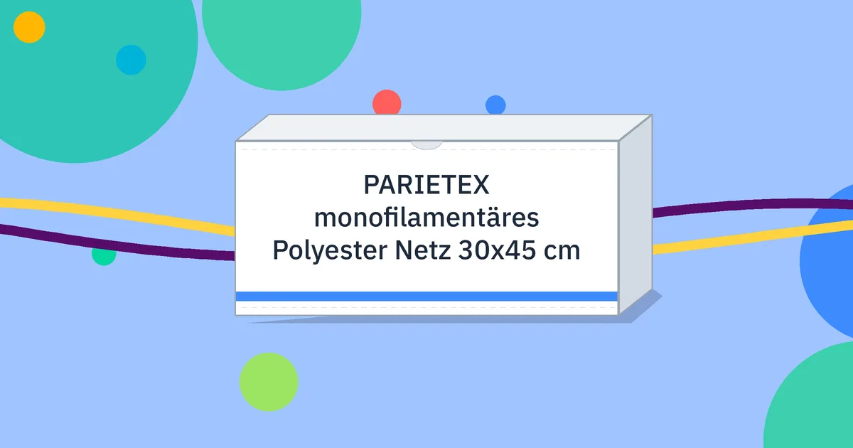Symbolbild: Packung mit der Aufschrift PARIETEX monofilamentäres Polyester Netz 30x45 cm (PZN 07603049) – Verfügbarkeit und Bezug in Apotheken in Frankfurt am Main