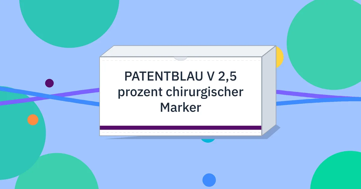 Symbolbild: Packung mit der Aufschrift PATENTBLAU V 2,5 prozent chirurgischer Marker (PZN 17998155) – Verfügbarkeit und Bezug in Apotheken in Frankfurt am Main