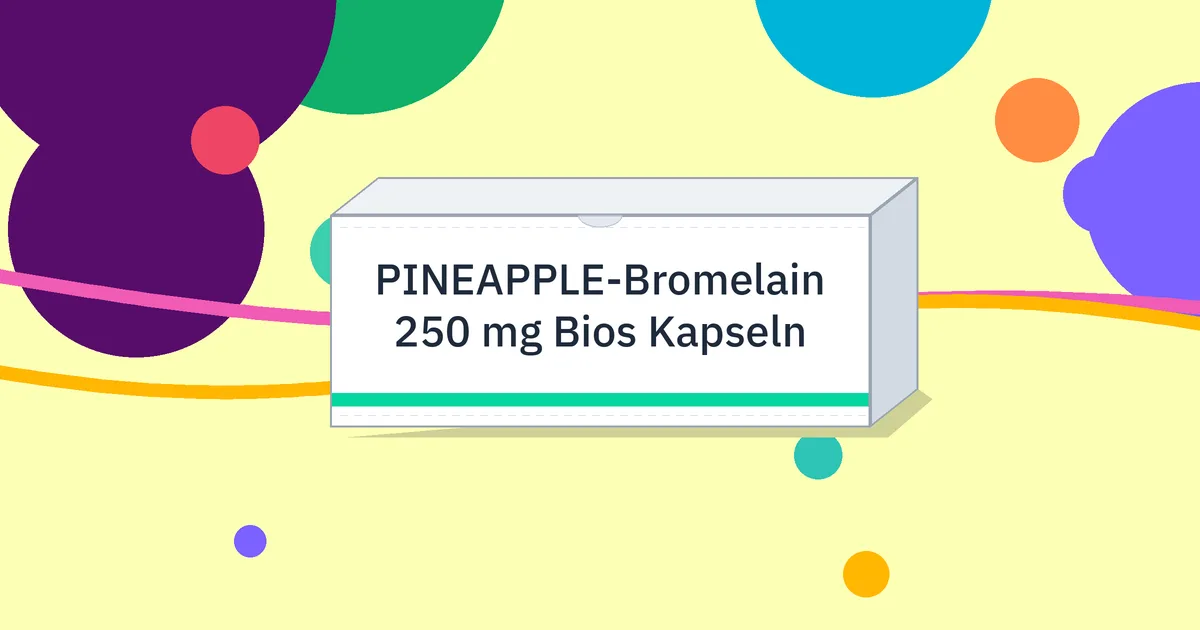 Symbolbild: Packung mit der Aufschrift PINEAPPLE-Bromelain 250 mg Bios Kapseln (PZN 02570701) – Verfügbarkeit und Bezug in Apotheken in Frankfurt am Main