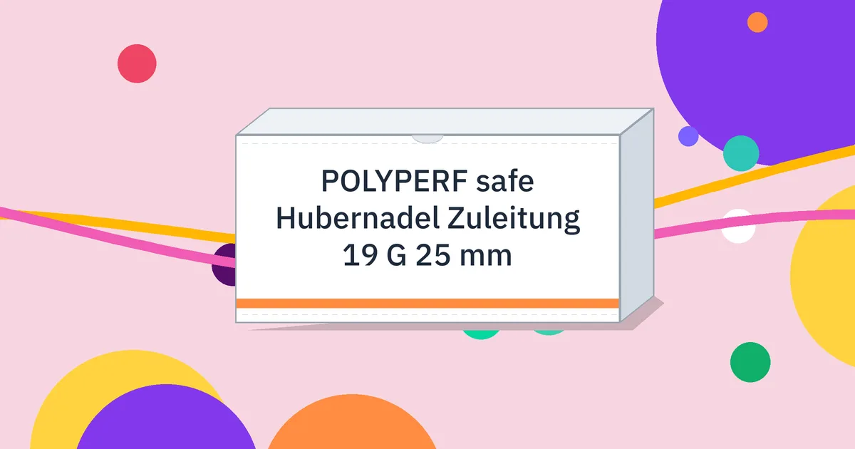Symbolbild: Packung mit der Aufschrift POLYPERF safe Hubernadel Zuleitung 19 G 25 mm (PZN 12426342) – Verfügbarkeit und Bezug in Apotheken in Frankfurt am Main