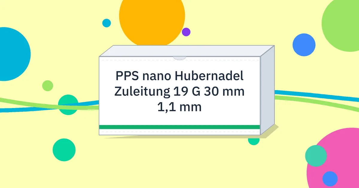 Symbolbild: Packung mit der Aufschrift PPS nano Hubernadel Zuleitung 19 G 30 mm 1,1 mm (PZN 18195234) – Verfügbarkeit und Bezug in Apotheken in Frankfurt am Main