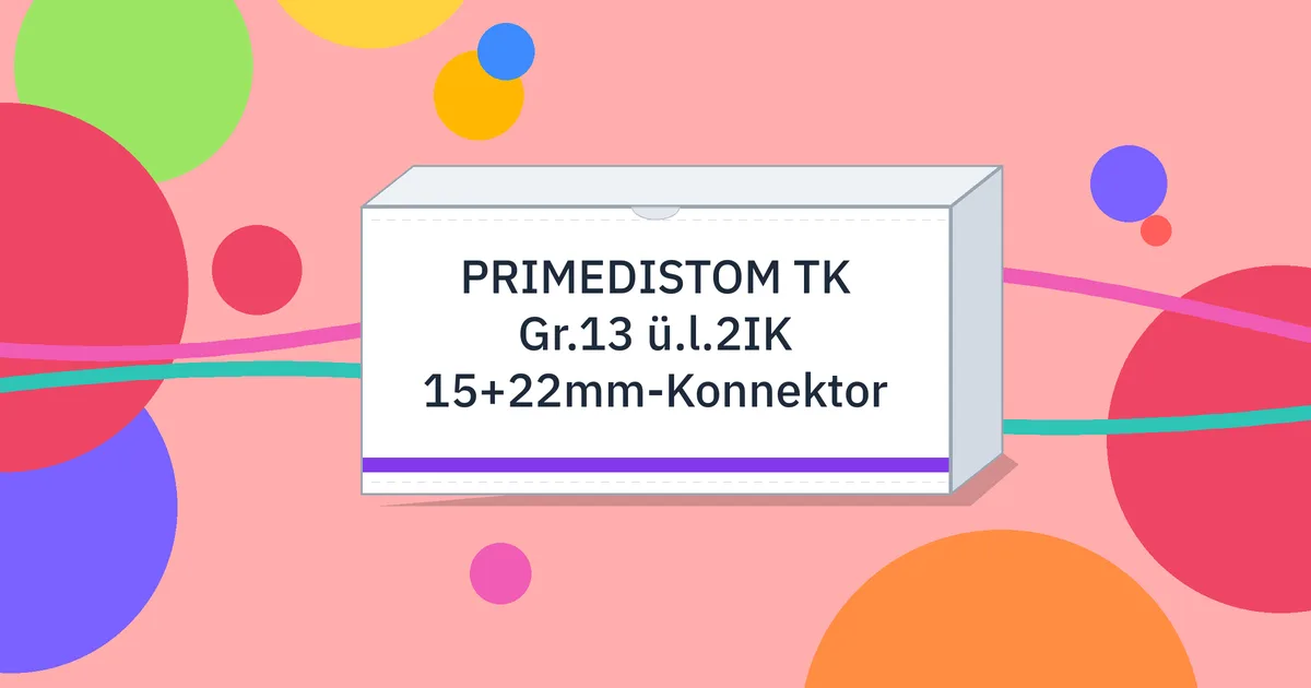 Symbolbild: Packung mit der Aufschrift PRIMEDISTOM TK Gr.13 ü.l.2IK 15+22mm-Konnektor (PZN 10928192) – Verfügbarkeit und Bezug in Apotheken in Frankfurt am Main
