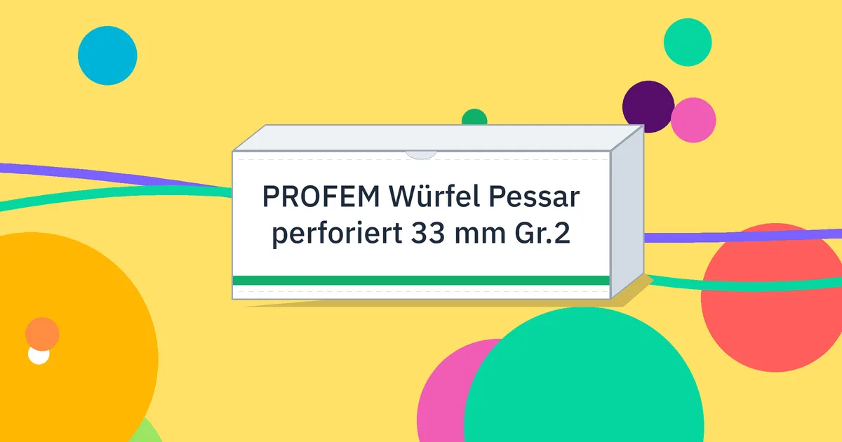 Symbolbild: Packung mit der Aufschrift PROFEM Würfel Pessar perforiert 33 mm Gr.2 (PZN 11672984) – Verfügbarkeit und Bezug in Apotheken in Frankfurt am Main