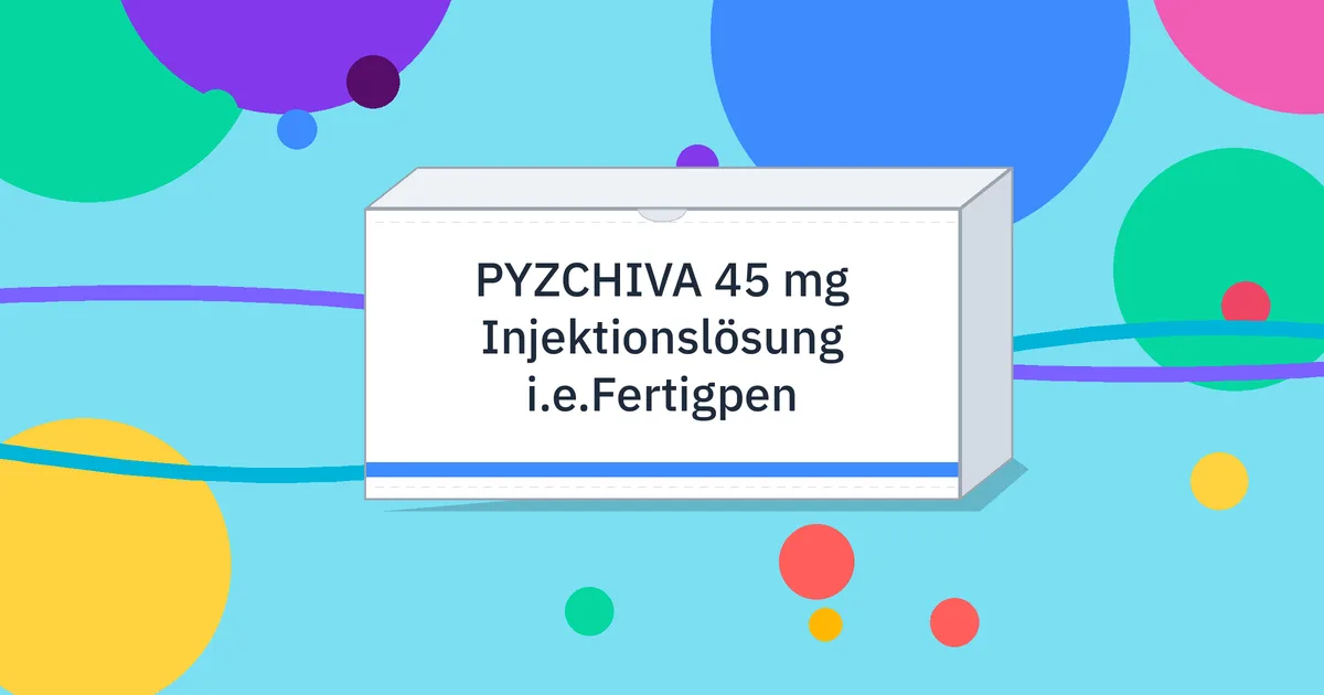 Symbolbild: Packung mit der Aufschrift PYZCHIVA 45 mg Injektionslösung i.e.Fertigpen (PZN 20091016) – Verfügbarkeit und Bezug in Apotheken in Frankfurt am Main