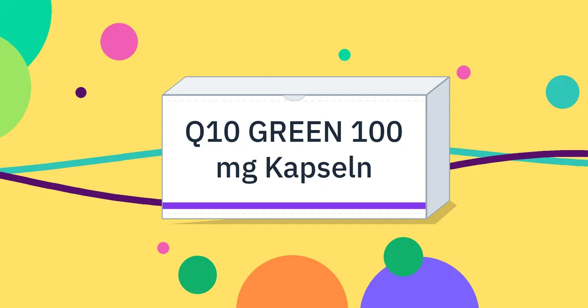 Symbolbild: Packung mit der Aufschrift Q10 GREEN 100 mg Kapseln (PZN 16536116) – Verfügbarkeit und Bezug in Apotheken in Frankfurt am Main