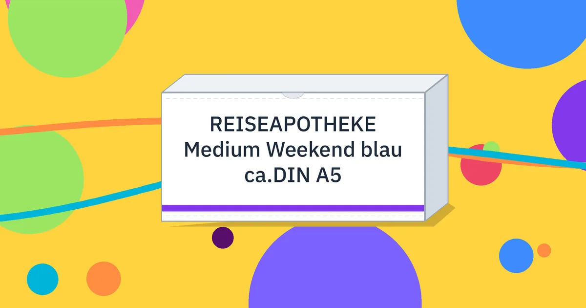 Symbolbild: Packung mit der Aufschrift REISEAPOTHEKE Medium Weekend blau ca.DIN A5 (PZN 05519391) – Verfügbarkeit und Bezug in Apotheken in Frankfurt am Main