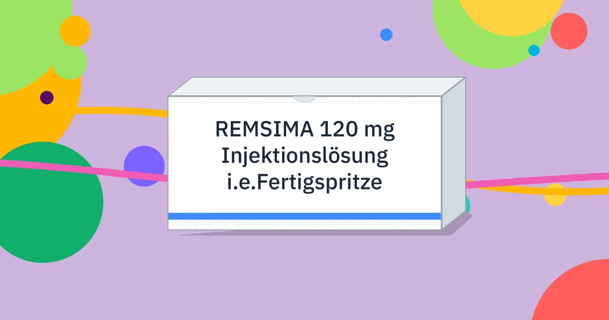 Symbolbild: Packung mit der Aufschrift REMSIMA 120 mg Injektionslösung i.e.Fertigspritze (PZN 17390471) – Verfügbarkeit und Bezug in Apotheken in Frankfurt am Main